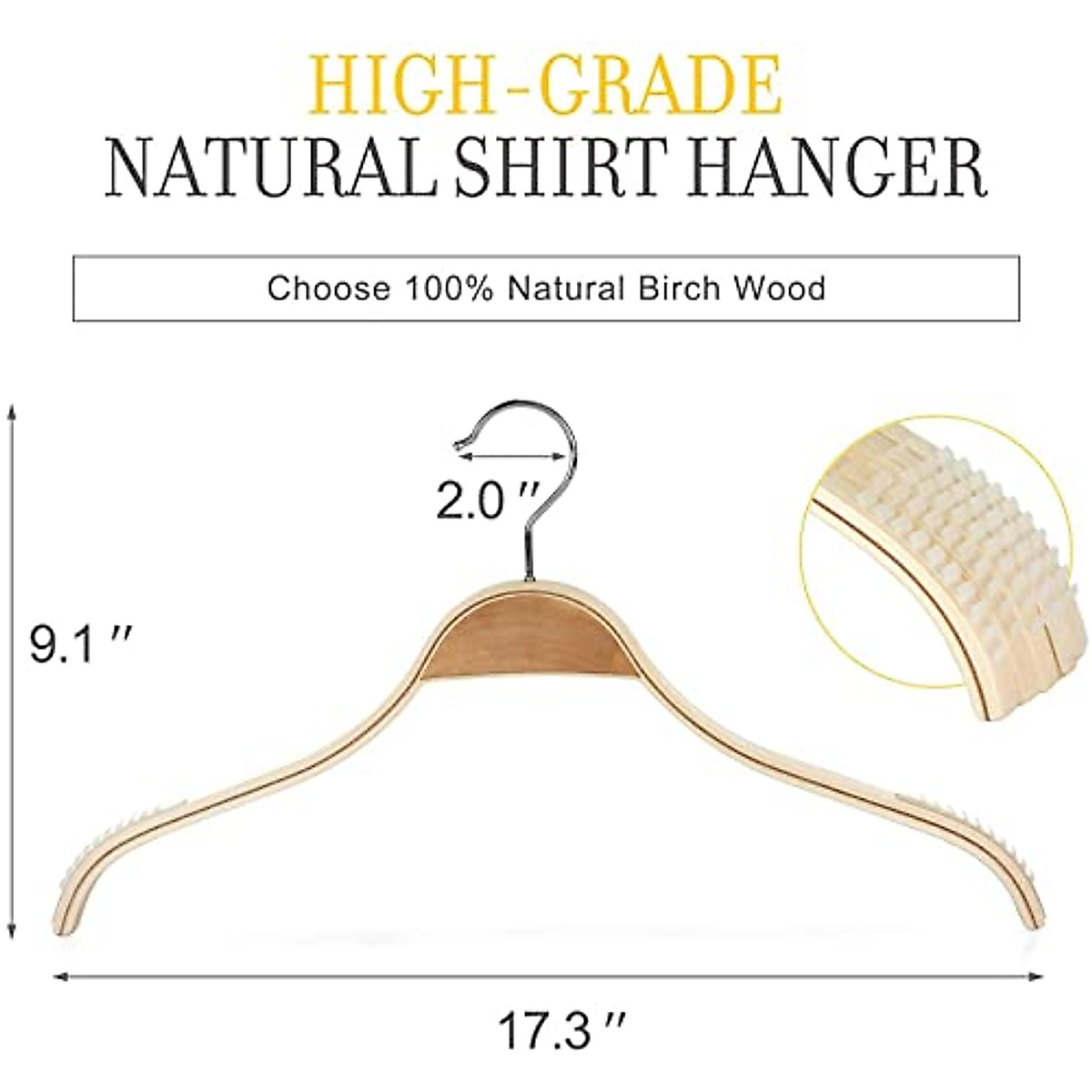 Koobay Premium Hanger 17" Natural Eco Wood Hangers for Closet, with Extra Soft Non Slip Rubber Grips Saving Space Hangers for Coat Clothes Camisole,Closet Organizer 30 Pack