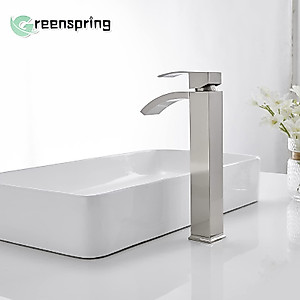 Greenspring Brushed Nickel Bathroom Faucet Vessel Sink Single Hole Single Handle Waterfall Spout Lavatory Commercial Bath Vanity Bowl Faucets Tall Body Supply Line Lead-Free