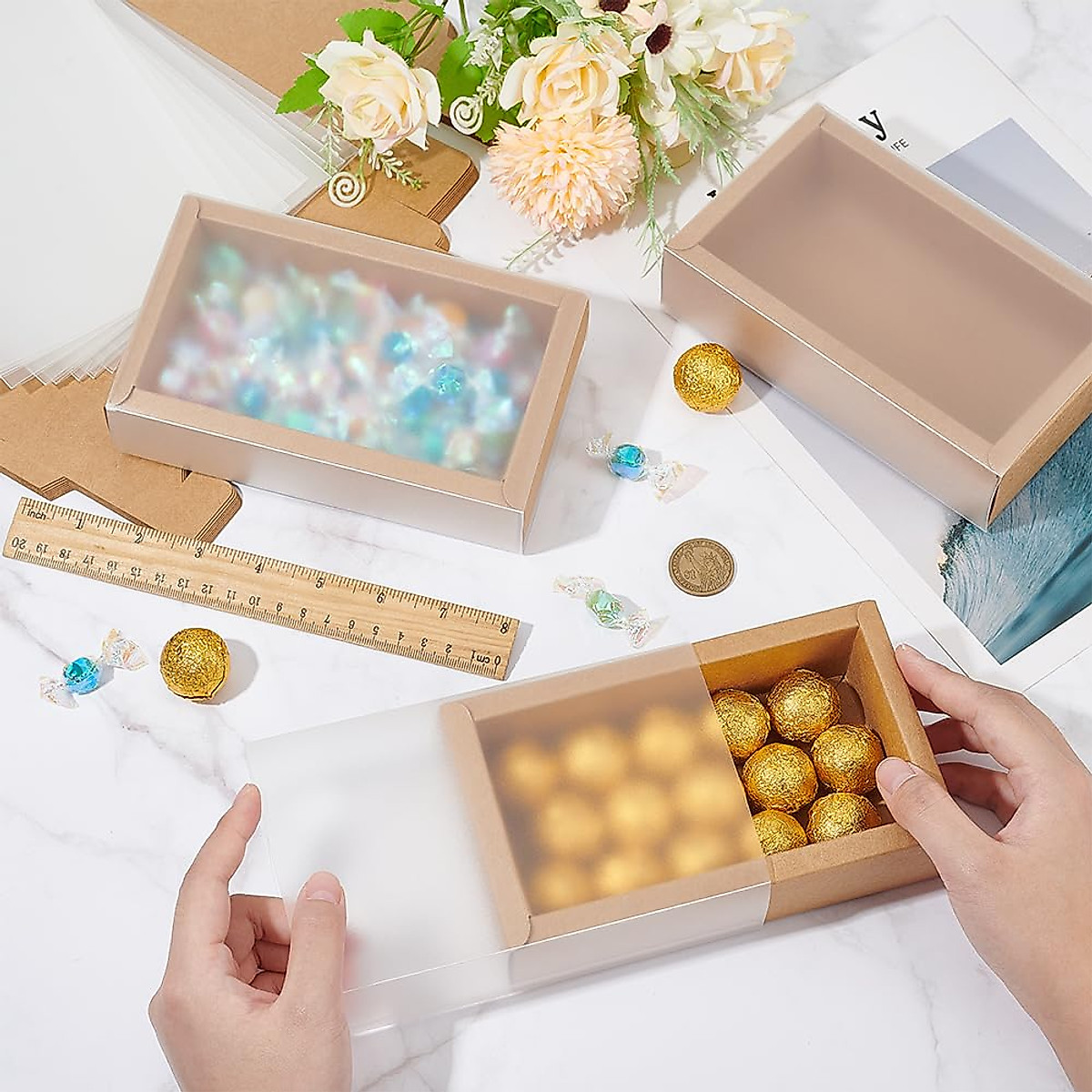 BENECREAT 12Packs Large Rectangle Brown Kraft Boxes Heavy Duty Gift Box with Clear PVC Windows 6.5x4x1.5 for Party Favor Treats, Bakery, Jewelry, Wedding Gift Packaging