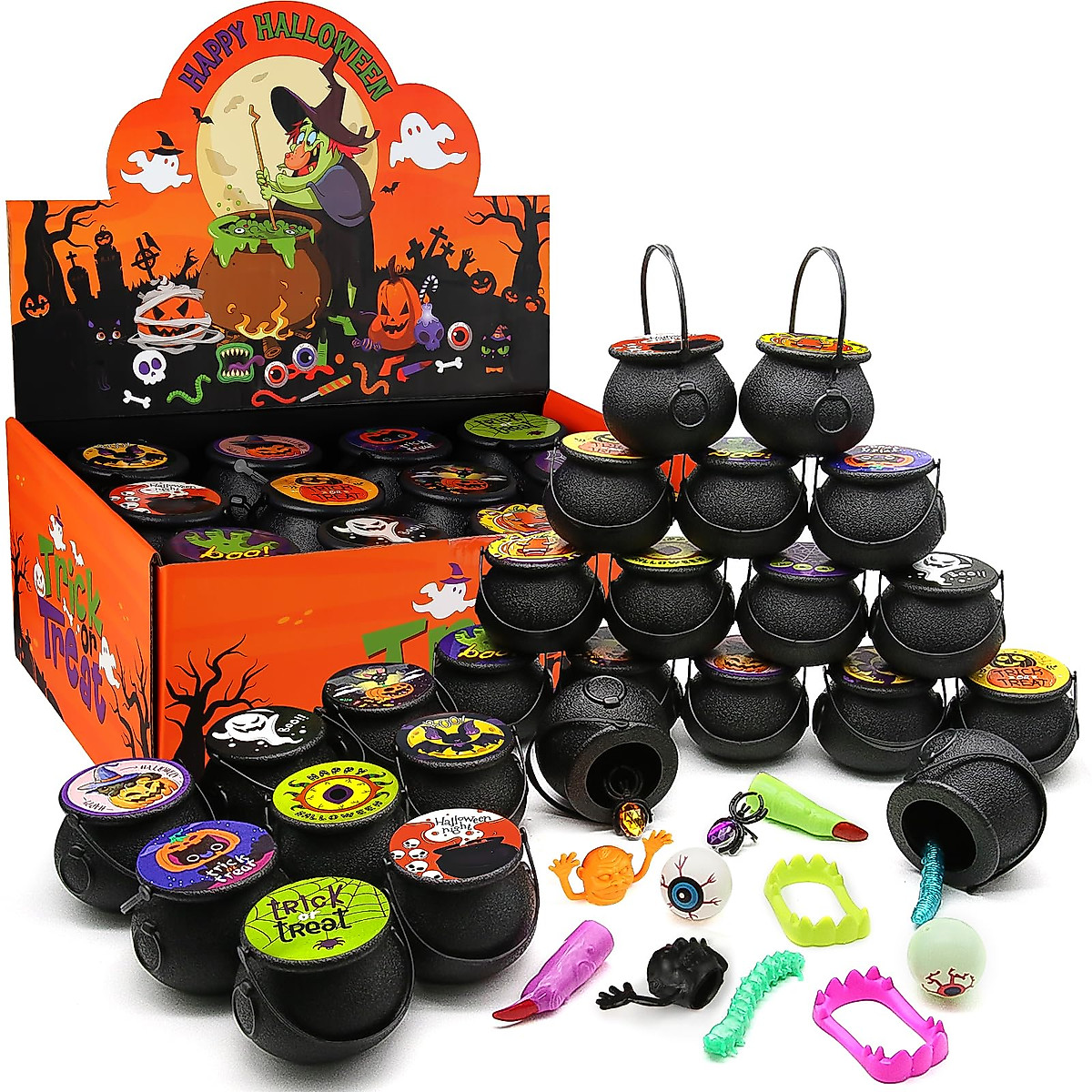 168 PCS Halloween Party Favors 24 Pack Prefilled Small Plastic Witch Cauldron Halloween Toys in Bulk Halloween Prizes Gifts for Kids Trick or Treat Halloween Goodie Bag Fillers Party Favor Toys