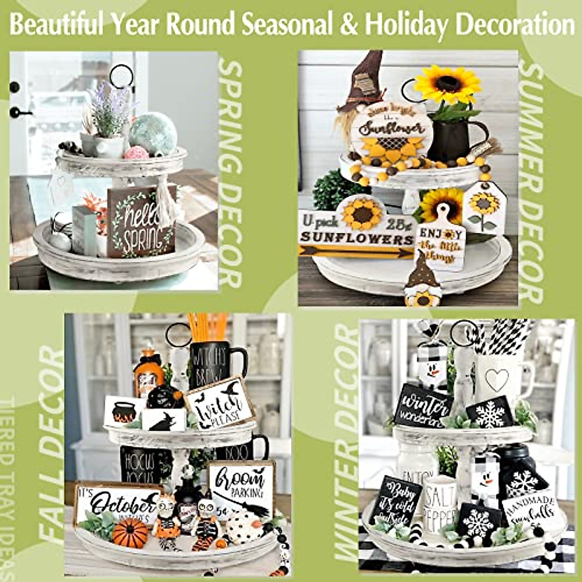 Farmhouse Tiered Tray 2 Tier Tray with Metal Handle, Wooden Tray Tiered Serving Tray for Cake, Fruit, Dessert, White Tray Decorative Tray for Living Room Kitchen Coffee Table Dining Table Centerpiece