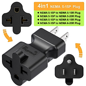 【5Pack Four-in-One 4-in-1 15 Amp Household AC Plug to 20 Amp T Blade Adapter,5-15P to 5-20R,5-15P to 6-15R,5-15P to 6-20R, 4 in 1 AC Power Adapter,15A 125V to 20A 250V Adapter
