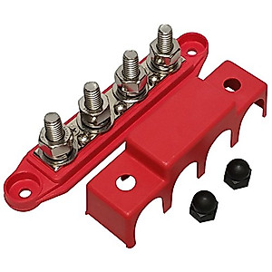 (Red) 3/8" 4 Stud Power Distribution Block -BUSBAR- with Cover - Made in The USA