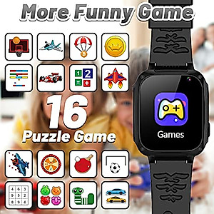 Kids Game Smart Watch for Boys Girls 3-12 Years Toys with 16 Puzzle Games Pedometer Dual Camera Video Music Player Touchscreen Alarm Clock DIY Wallpaper Children Watches Birthday Gift