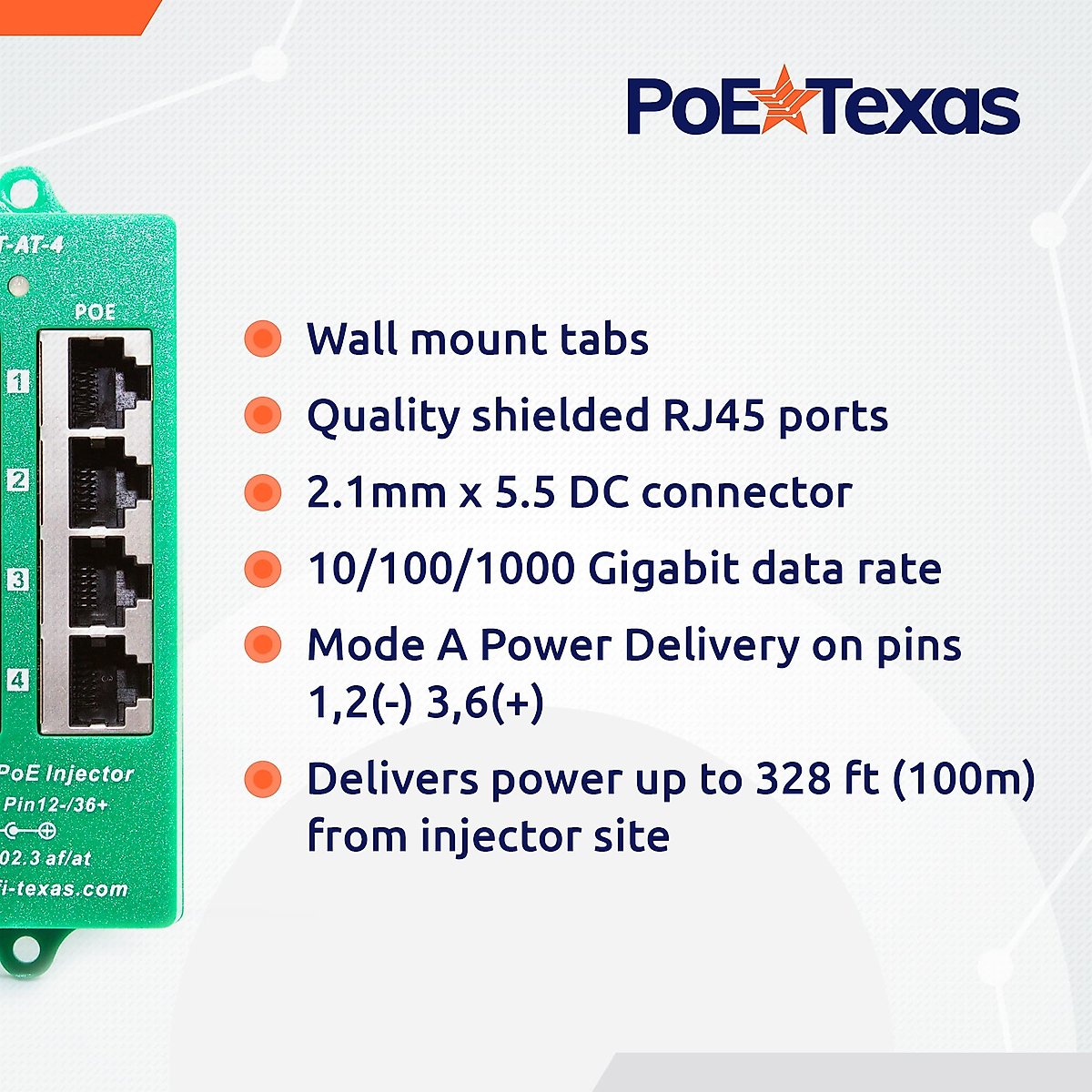 PoE Texas 4 Port PoE/PoE+ Injector with 48V 60W Power Supply - Gigabit Injector - Active Mode A Power Over Ethernet Multi Port PoE Adapter - Supports 4 PoE (802.3af or at) up to 60 watts