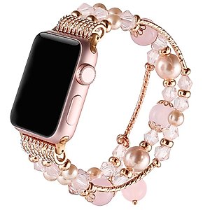 Suppeak Band Compatible with Apple Watch 38mm 40mm 41mm, Women Girl Elastic Handmade Pearl Bracelet Replacement for Series SE 7 6 5 4 3 2 1, Pink
