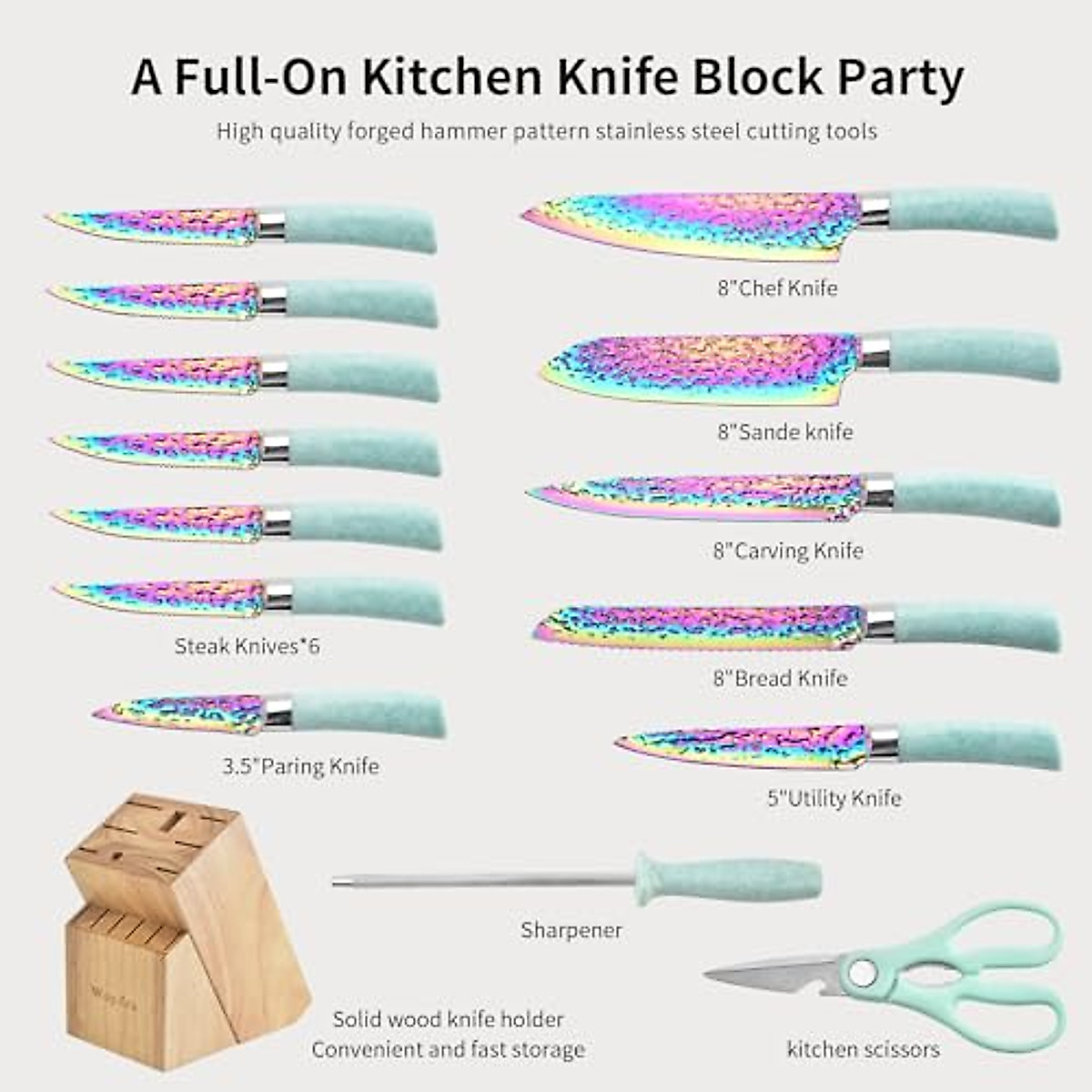 Kitchen Knife Set Non Stick Knives with Wood Storage, Serrated Steak Knife, Chef Knife, Scissors with Sharpener, 15Pcs Ultra-Sharp Cutlery Block Sets for Home & Pro Use Best Gift (Teal)