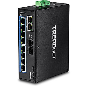 TRENDnet 10-Port Hardened Industrial Gigabit DIN-Rail Switch, 20Gbps Switching Capacity, DIN-Rail and Wall Mounts Included, Dual Redundant, Two RJ-45/SFP Ports, Lifetime Protection, Black, TI-G102
