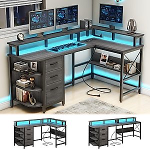 67" L Shaped Computer Desk with LED Lights and Power Outlets, Reversible L Shaped Gaming Desk with 3 Drawers Hutch Monitor Stand, Home Office Desk with USB Port Home Office