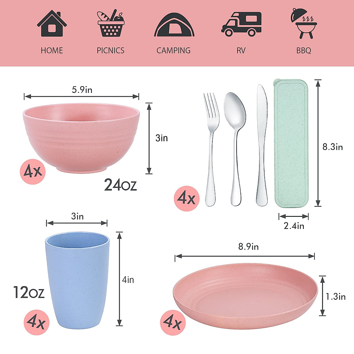 28PCS Kitchen Wheat Streaw Dinnerware Sets for 4, Wheat Straw Plates and Bowls Sets, College Dorm Dinnerware Dishes Set for 4 with Cutlery Set