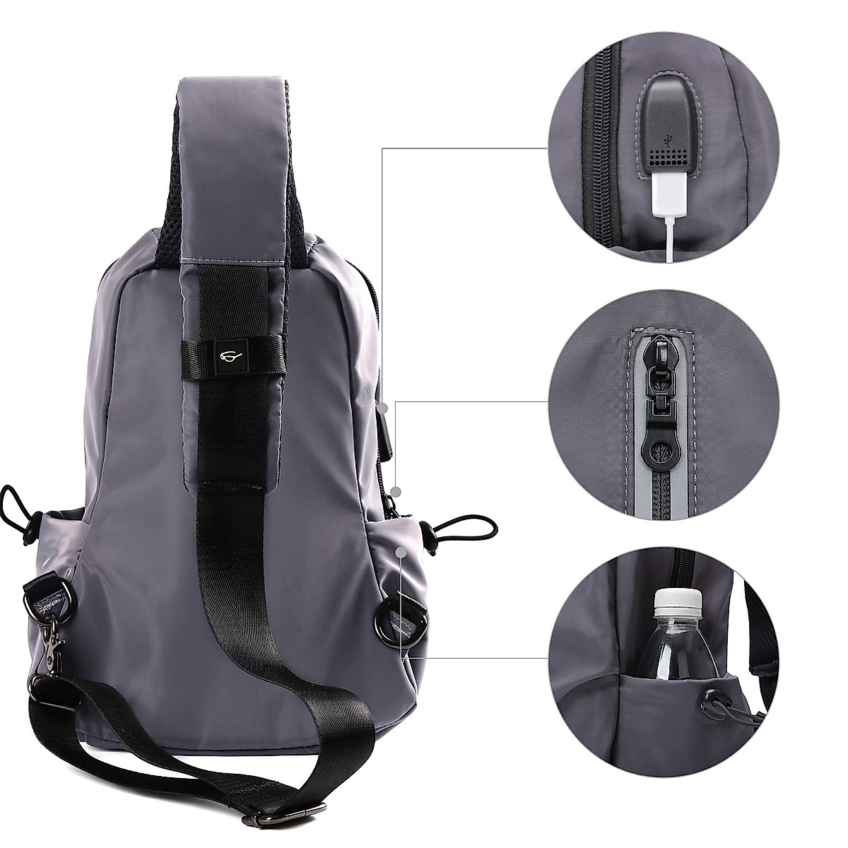 Crossbody Bag for Men Small Sling Backpack Shoulder Bag for Men Women,Waterproof Chest Bag with USB Charging Port Lightweight Casual Daypack,Hiking,Walking,Travel, Biking, Work, Gym, Sport (Grey)