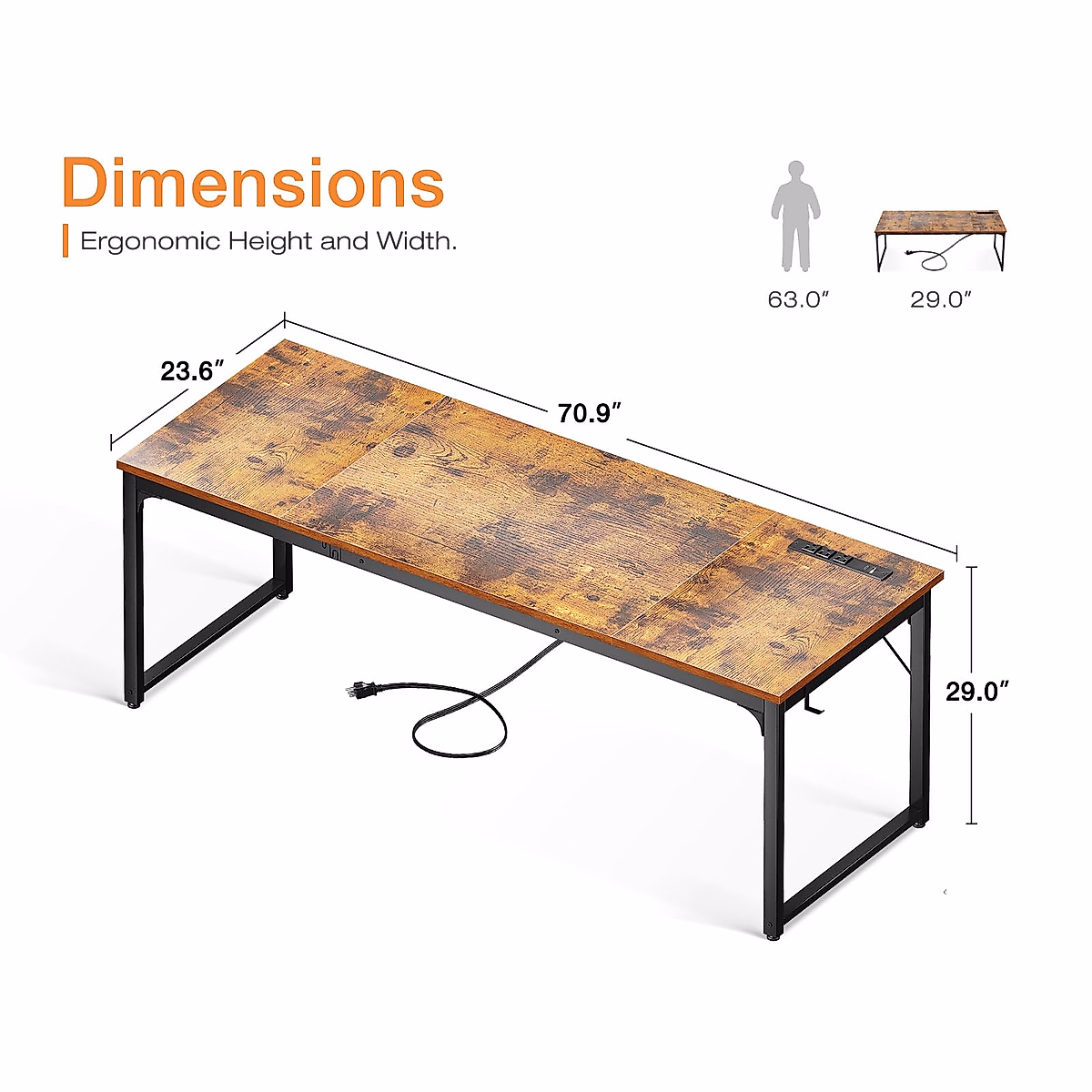 Coleshome 71 Inch Computer Desk with USB Ports, Large Office Desk, Long Study Student Writing Desk, Rustic Brown