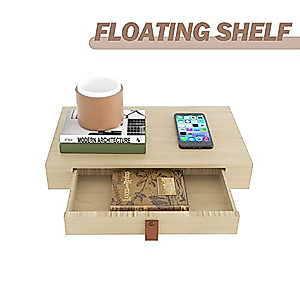 Floating Shelf with Drawer, Floating Nightstand for Bedroom - 16” Wall Mounted Shelf Storage for Living Room, Bedroom, Office Floating Bedside Table (Natural)