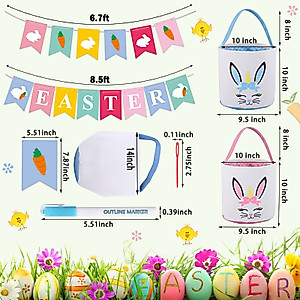 2PCS Large Easter Basket Empty for Teens Boys Girls Kids + Easter Banner + Pen, Bunny Personalized Easter Basket for Candy Stuffers Gifts Toys Egg Hunt Tote Bag Bucket, Party Favors Easter Basket Bulk