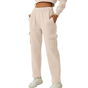 QINSEN Plus Size Womens Elastic Waist Sweatpants Long Fleece Cargo Pants for Leisure XL Beige