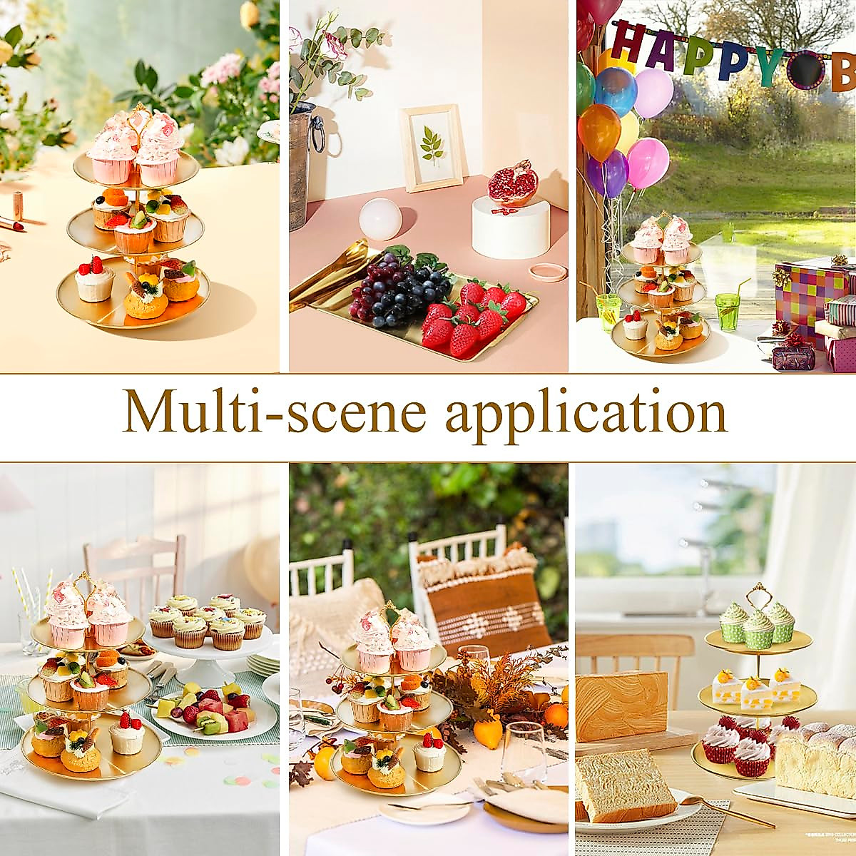 6PCS Gold Cupcake Stand Set, Stainless Steel Dessert Table Display Set, 2PCS 3-Tier Cake Stand, 2PCS Rectangle Serving Tray with Gold Serving Tongs, Candy Cupcake Tower for Wedding Birthday Party