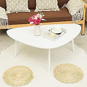 Small Oval Coffee Table Wood Mid Century Modern Coffee Tables Minimalist Farmhouse Style Chic for Living Room,Natural Wooden Texture,Unique Triangle Tabletop,Oak Leg,White 38.5"
