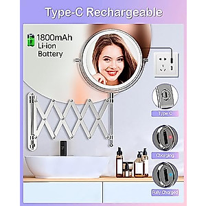 Rechargeable Wall Mounted Lighted Makeup Mirror, 1X/10X Magnifying Mirror with 3 Light Settings, 8 Inch 360° Swivel Extendable Bathroom Mirror, Double Sided Telescoping Mesh Vanity Mirror - Chrome
