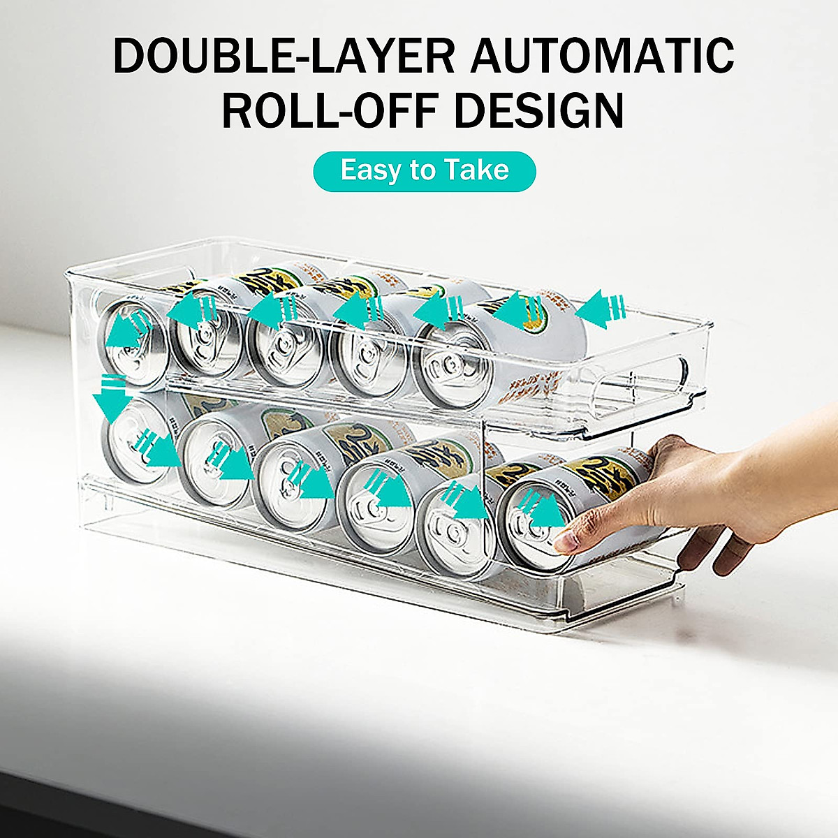 Automatic Rolling Can Dispenser, 2-Tier Soda Can Storage Organizer for Refrigerator, Drink Can Organizer for Fridge, Refrigerated Drawer with Handle for Freezer Kitchen Pantry (Plastic)