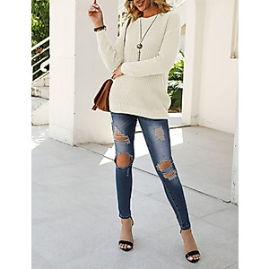 MEROKEETY Women's 2024 Long Sleeve Waffle Knit Sweater Crew Neck Solid Color Pullover Jumper Tops Beige