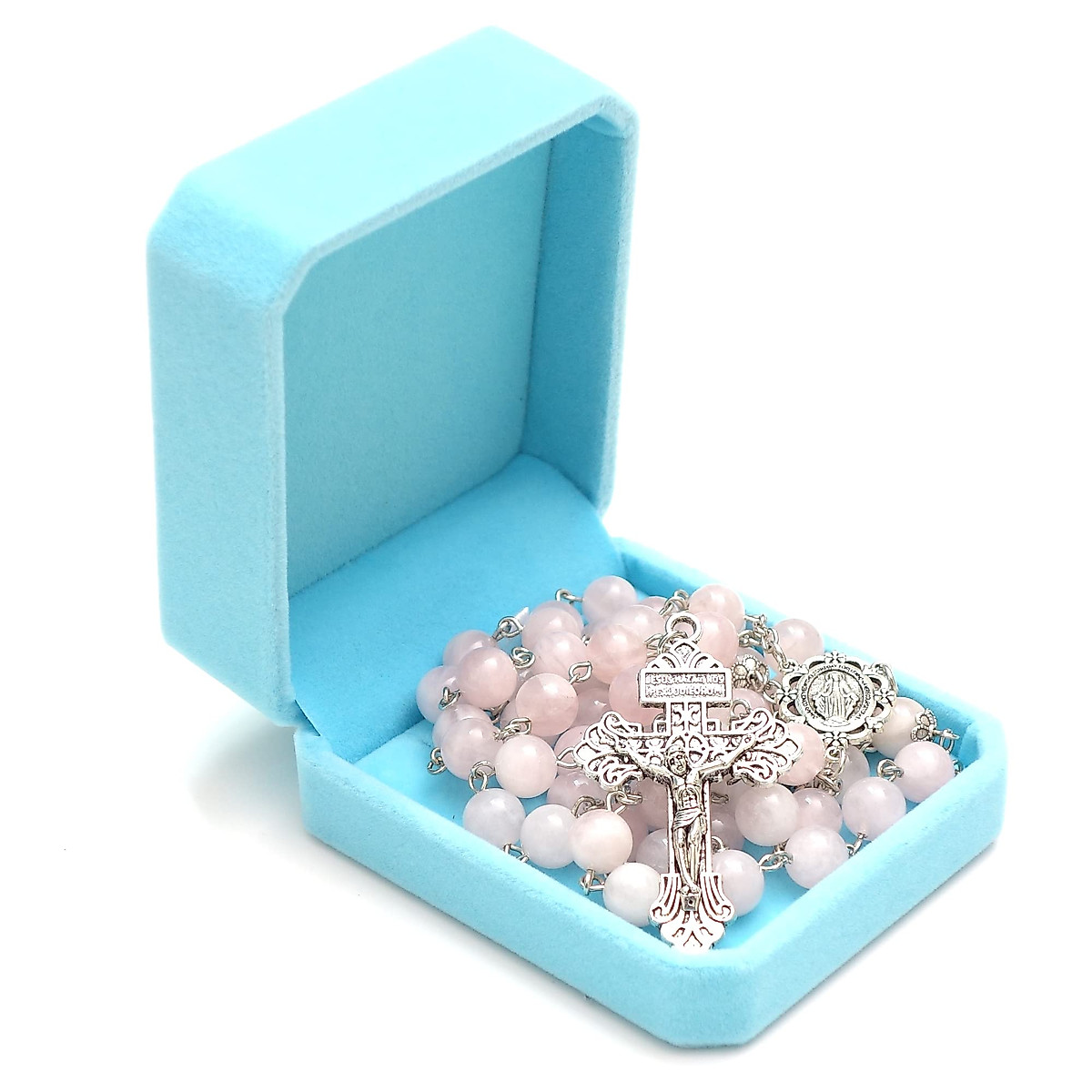 GeekTenet Rosary Beads Chaplet Pink Natural Crystal Rosery Cross Catholic gifts (Pink)