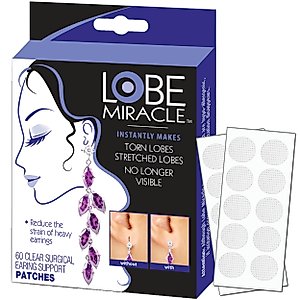 Lobe Miracle- Clear Earring Support Patches - Earring Backs For Droopy Ears - Ear Care Products for Torn or Stretched Ear Lobes (60 Patches)