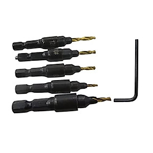 GRABOTE 5Pcs Countersink Drill Bit Set 1/4'' Hex Shank HSS Woodworking Pilot Screw Holes 5 Sizes (#5, 6, 8, 10, 12) with Hex Key