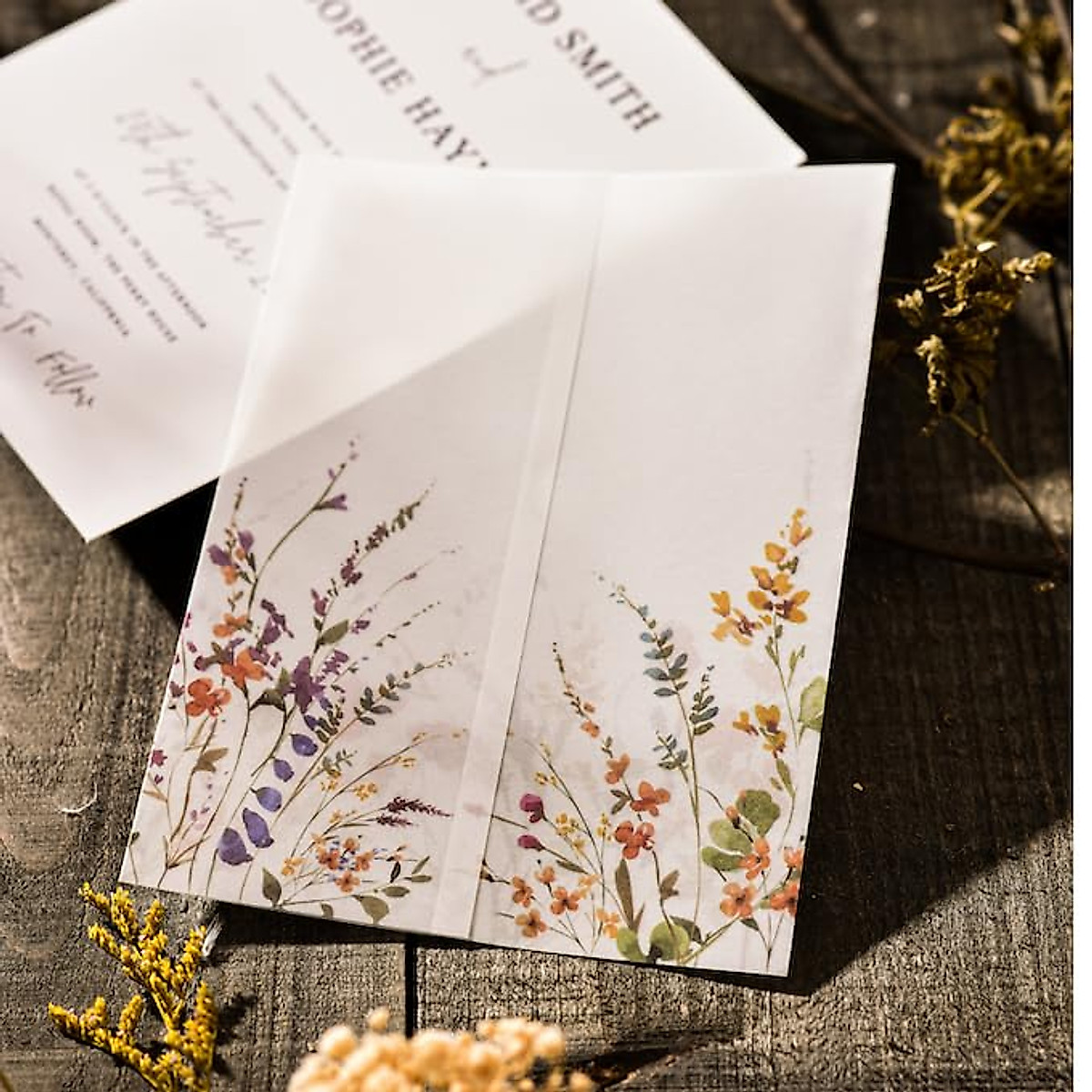 Puremigo 50 Pack Wildflower Printed Pre-Folded Vellum Jackets for 5x7 Invitations - 115GSM Vellum Paper 5x7 Jackets - Vellum Wedding Invitations Wraps - Transparent Wedding Invitations Jacket