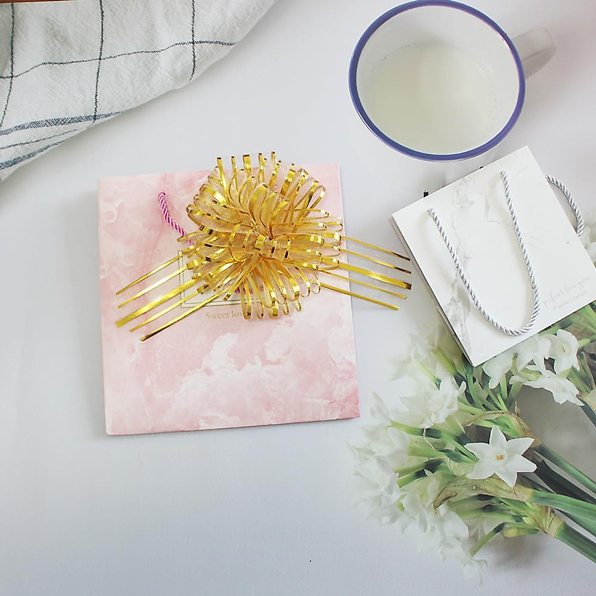 8Pcs Pull Bows,Large 6 Inch Pull Bow Present Wrapping Gold Pull Bow for Gift Wrapping Baskets Wedding Christmas Decorations (Gold)