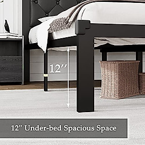 iPormis Full Size Metal Bed Frame with Faux Leather Button Tufted Headboard, 12" Underbed Space, Steel Slats Support, Noise Free, Easy Assembly, No Box Spring Needed, Black
