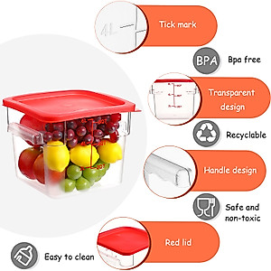 Hsei 6 Sets 6 Quart Commercial Food Storage Containers with Lids and 6 Pcs Plastic Ice Scoop for Freezer Flour Sugar Baking Bread Dog Food Restaurant Kitchen Square(Red)