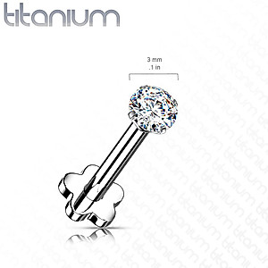 Dynamique Implant Grade Titanium Threadless Push In Flower Base Labret, Flat Back Studs With CZ Prong Set Top For Cartilage, Monroe, Nose (Sold Per Piece)