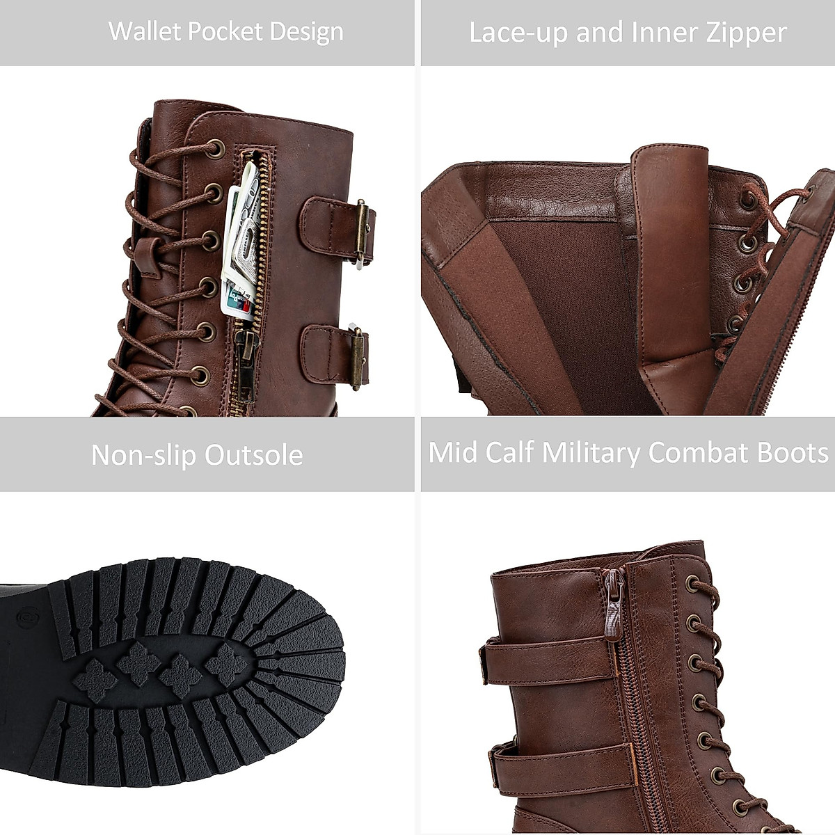 Vepose Women's Lace up Combat Boots, Mid Calf Hiking Boots, 929 - Cognac, Red Brown, Size 9.5 US - Credit Card Wallet Pocket (CJY929 Cognac 09.5)