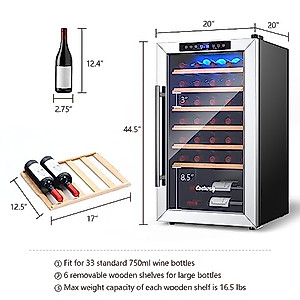 COSTWAY 20 Inch Wine Cooler, 33 Bottles Wine Refrigerator with 2-Layer Tempered Glass Door & Dual Alarm Function, 41-61.5°F Temp Control, Built-In or Freestanding Mini Wine Fridge