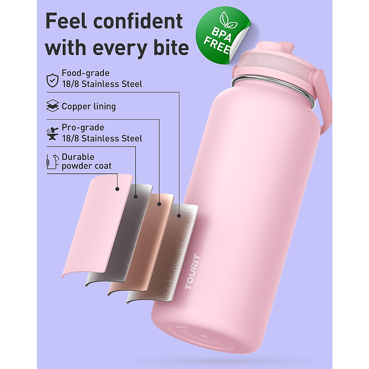 TOURIT 32 oz Insulated Water Bottle, Stainless Steel Water Bottles With Straw, Double Wall Vacuum Metal Thermos for Cold and Hot Drinks, Leak Proof BPA Free Water Flask for Sports and Travel, Pink
