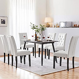 Yaheetech Dining Chairs with Leather Seat and Solid Wood Legs Button Tufted Padded Kitchen Chair Accent Side Chair for Home Kitchen and Restaurant, Set of 6, White