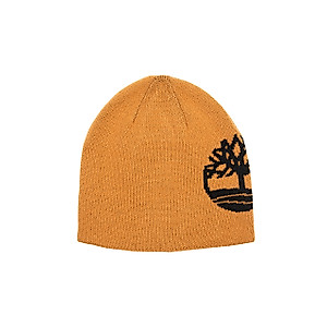 Timberland Men's Reversible Logo Jacquard Beanie, Wheat/Black, One Size