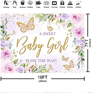 Wollmix Butterfly Baby Shower Decoration for Girl Backdrop 10x7ft A Sweet Baby Girl is on The Way Purple Florals Flowers Photography Background Gold Dots Princess Banner Photo Booth Supplies Props