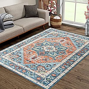 JOLENE.K Area Rug 8x10 Vintage Persian Area Rug Indoor Floor Cover Vintage Distressed Low-Pile Non-Shedding Area Rug Non-Slip Backing Rug for Bedroom Laundry Room, Blue/Orange, 8'x10'