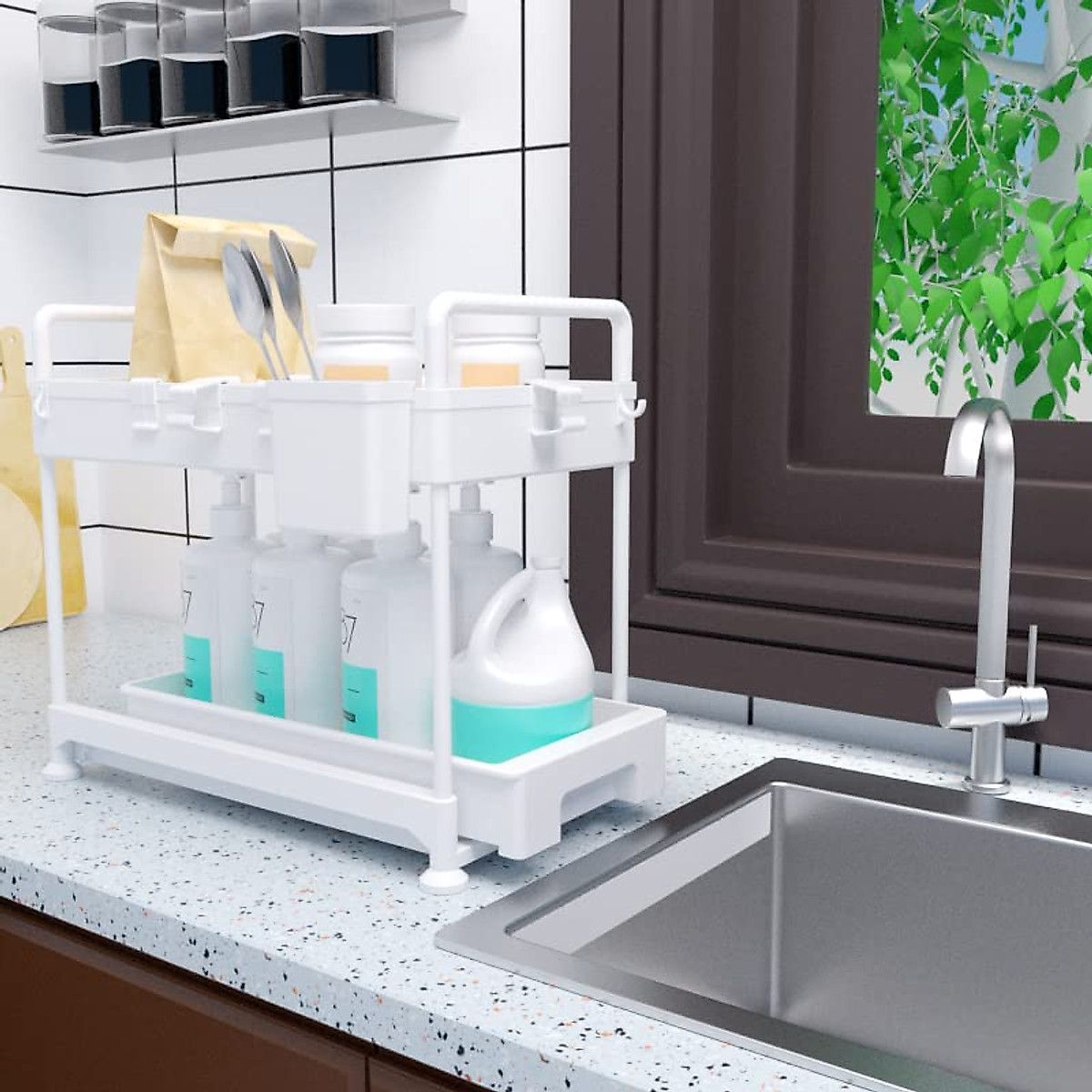 Under Sink Organizer, Sliding Cabinet Basket Organizer 2 Tier Under Bathroom Storage Rack with Hooks, Hanging Cup, Dividers, Multi-purpose Storage Shelf for Bathroom Kitchen (White)