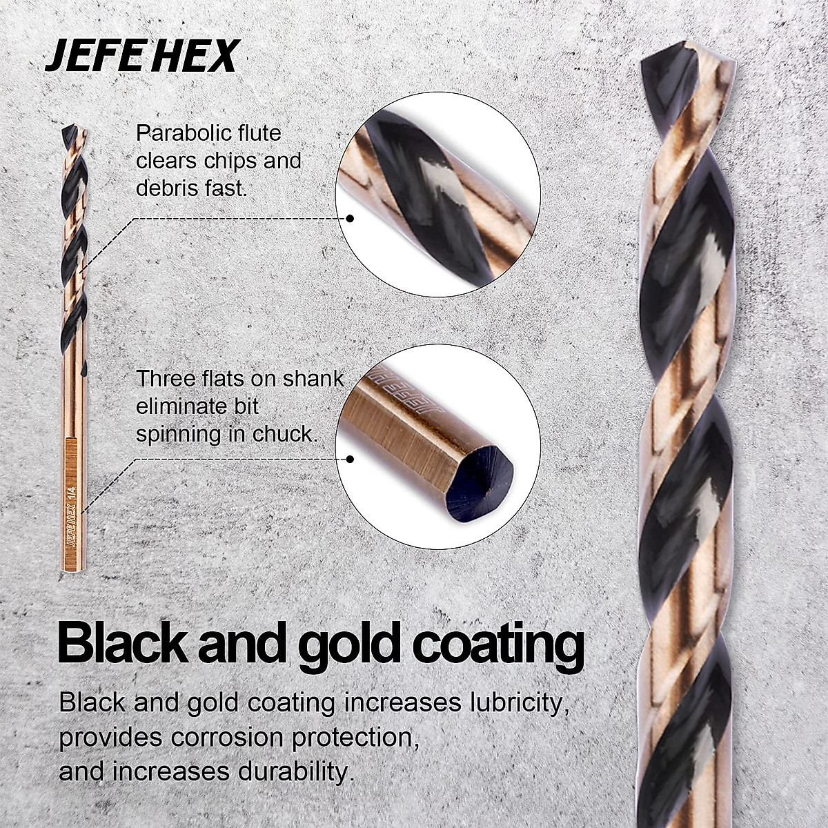 1/4" High Speed Steel Black & Gold Coated Drill Bit, Jobber Length with 3-Flat Shank, 135 Degree Split Point. Ideal for Steel, Wood and Plastics. Suitable for DIY & General Purpose Usage. (3 pcs)
