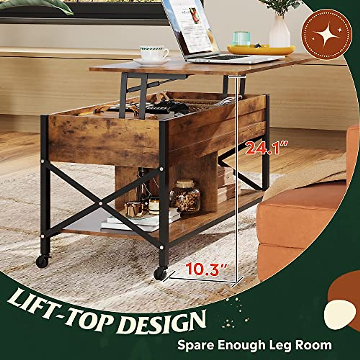 WLIVE Lift Top Coffee Table for Living Room,Coffee Table with Storage,Hidden Compartment and Metal Frame, Central Table with 4 Casters for Reception Room,Rustic Brown.