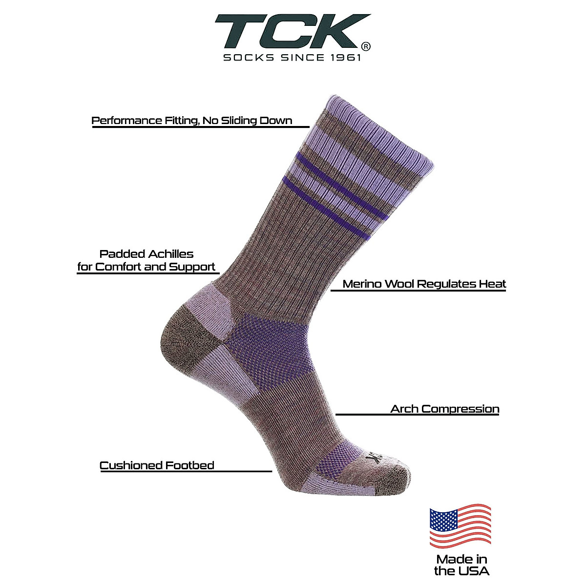 TCK Merino Wool Striped Crew Socks (Plum/Lavender, Large)
