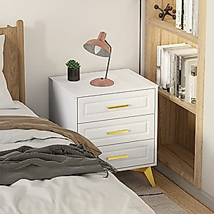 Giluta 3 Drawers Nightstand, Modern Bedside Table with Solid Metal Legs & Handles, White Gold Wood Chest of Drawers, Sofa End Side Table for Bedroom Living Room Hallway, 15.75" D x 19.7" W x 24" H