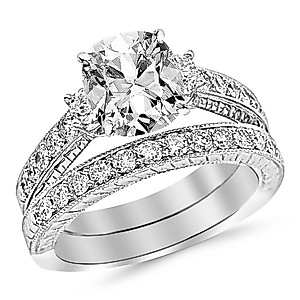 Houston Diamond District 14K White Gold 3 Ct LAB GROWN DIAMOND 3 Stone Vintage w/Milgrain & Filigree Bridal Set w/Wedding Band & Cushion Cut Engmt Ring (E-F Color VS2-SI1 Clarity 2 Ct Center) Size:7