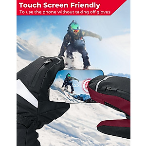 KEMIMOTO Heated Mittens for Men Women Rechargeable, Ski Mittens Gloves Electric 2PCs Battery with Touchscreen Waterproof Hand Warmer for Winter Skiing Snowboarding Hiking Climbing Camping, Size L