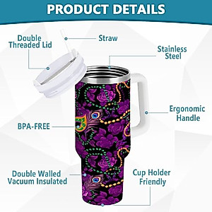 RPLIFE Floral Purple 40oz Tumbler with Handle, Stainless Steel Coffee Mug, Insulated Cups with Lids