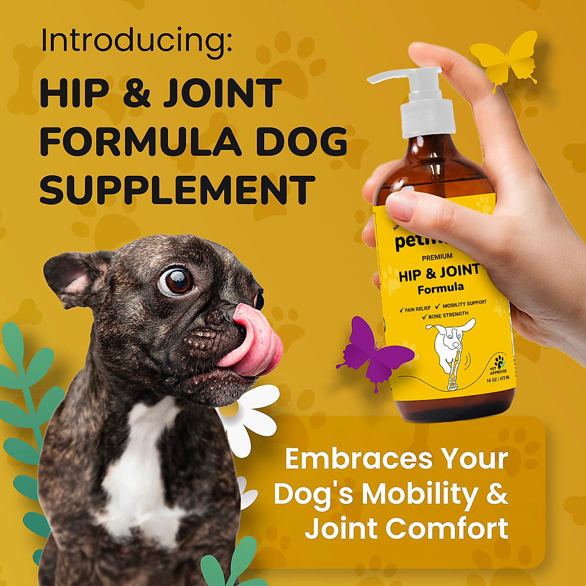 PetMade Dog Hip and Joint Supplement - Junior and Senior Dog Supplements for Mobility, Flexibility Support and Bone Strength, Deluxe Glucosamine Chondroitin for Dogs, 16 oz