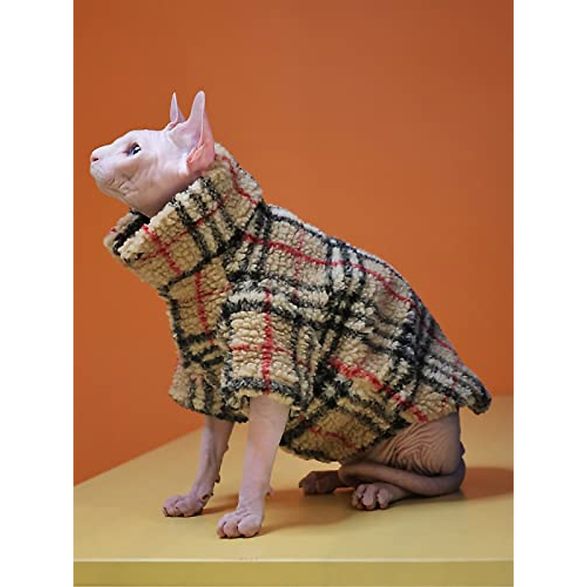 Sphynx Hairless Cat Clothes Winter Thick Warm Plaid Printing High Collar Button Coat for Cats Soft Faux Fur Pet Clothes with Sleeves (Vintage Plaid, M(4.4-5.5lbs))