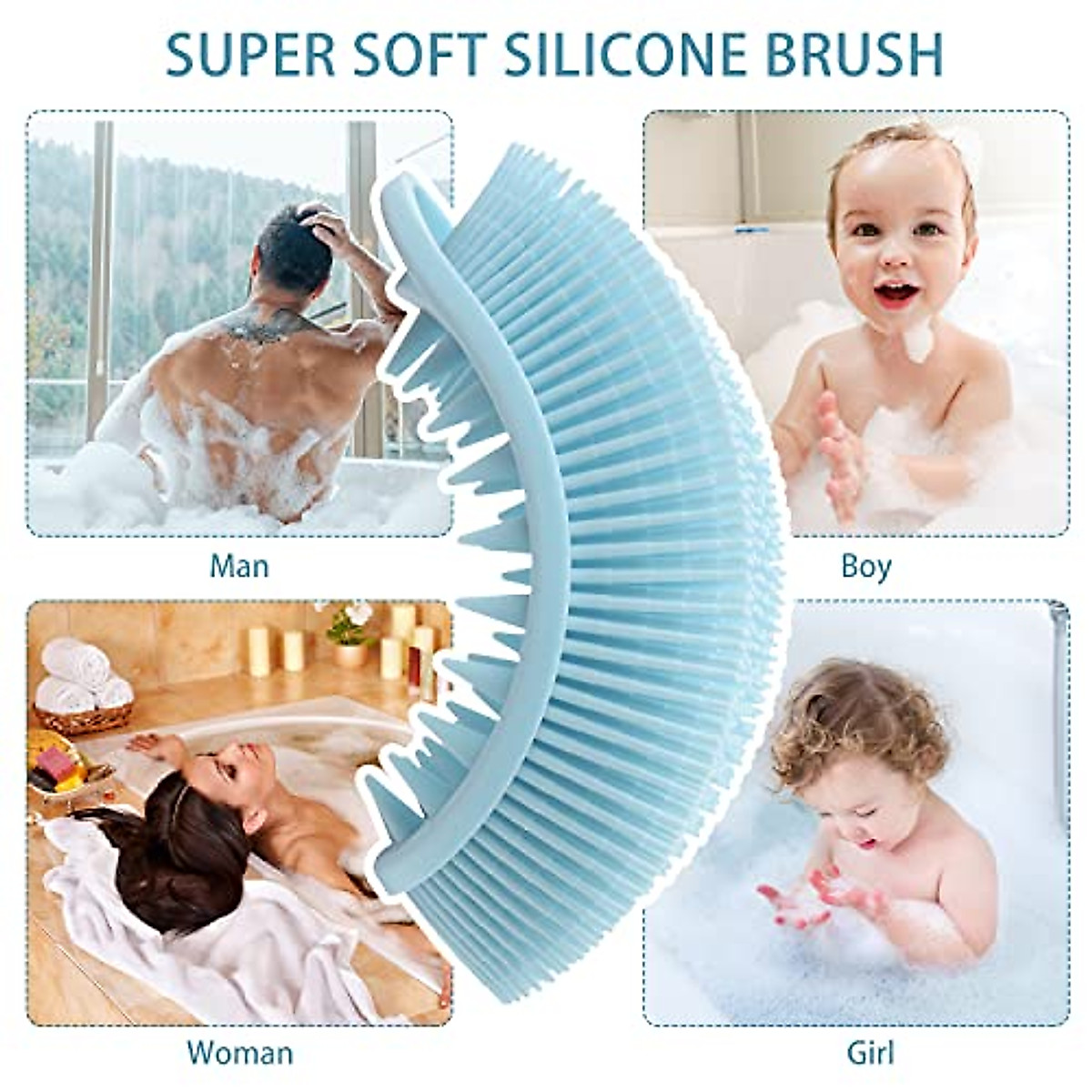 2 Pack Silicone Body Scrubber, 2 in 1 Bath and Shampoo Brush, Soft Silicone Loofah for Sensitive Skin, Double-Sided Body Brush for Men Women, Lathers Well, Gentle Exfoliating (Blue, Pink)